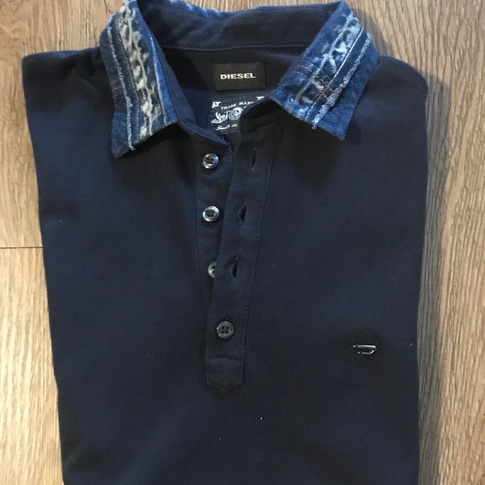 Navy Blue Diesel Polo Shirt W/ Distressed Denim Colla… - Gem